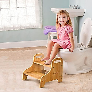 Wooden Kids Adults Step Stool, DORPU Toddler Step Stool for Bathroom Sink, 2 Step Potty Stool with Handles, Bamboo Step Stool, Natural