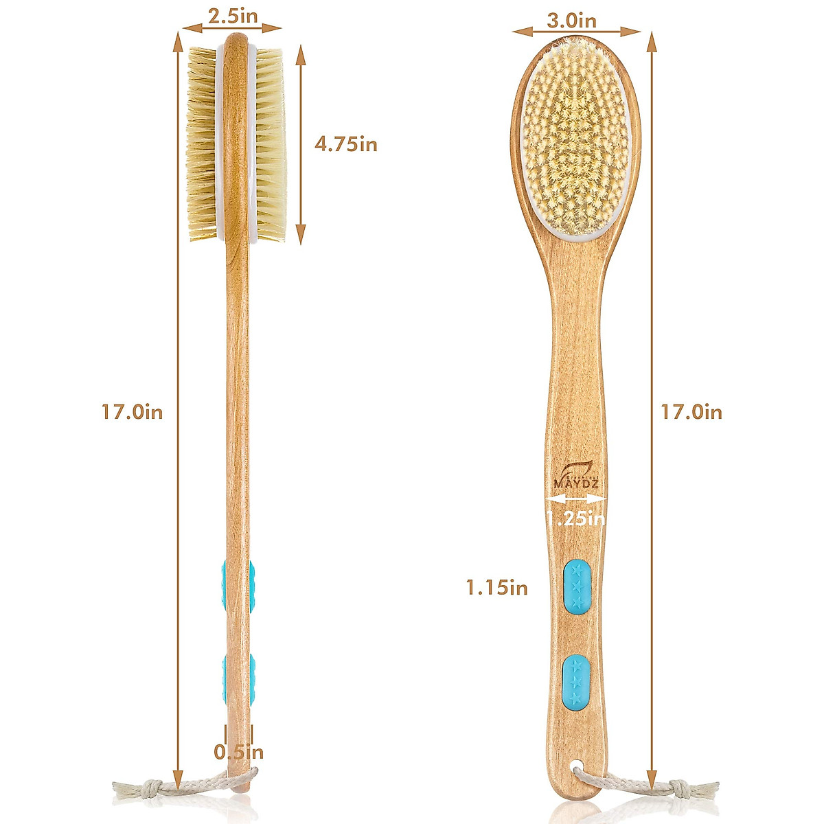 Back Brush Long Handle for Shower - Soft and Firm Double Sided Exfoliating Bath Body Scrub Brush for Men and Women - Use Back Showering Scrubber Wet for Washing / Scrubbing - Use Dry for Exfoliation
