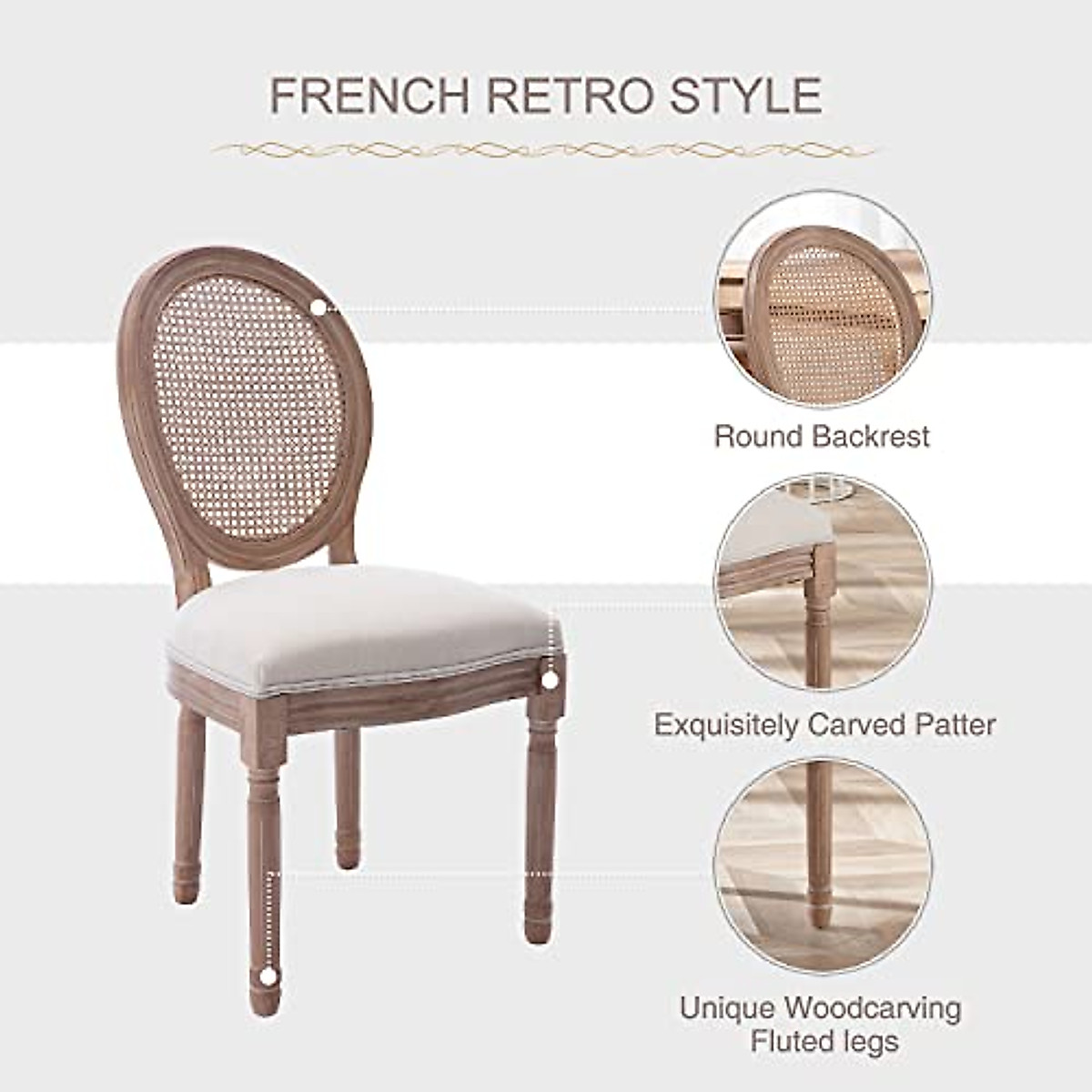Virabit French Dining Chairs Set of 2, Rattan Farmhouse Upholstered Dining Chairs with Curved Backrest and Beautifully Carved Solid WoodFrame for Living Room, Kitchen, Restaurant