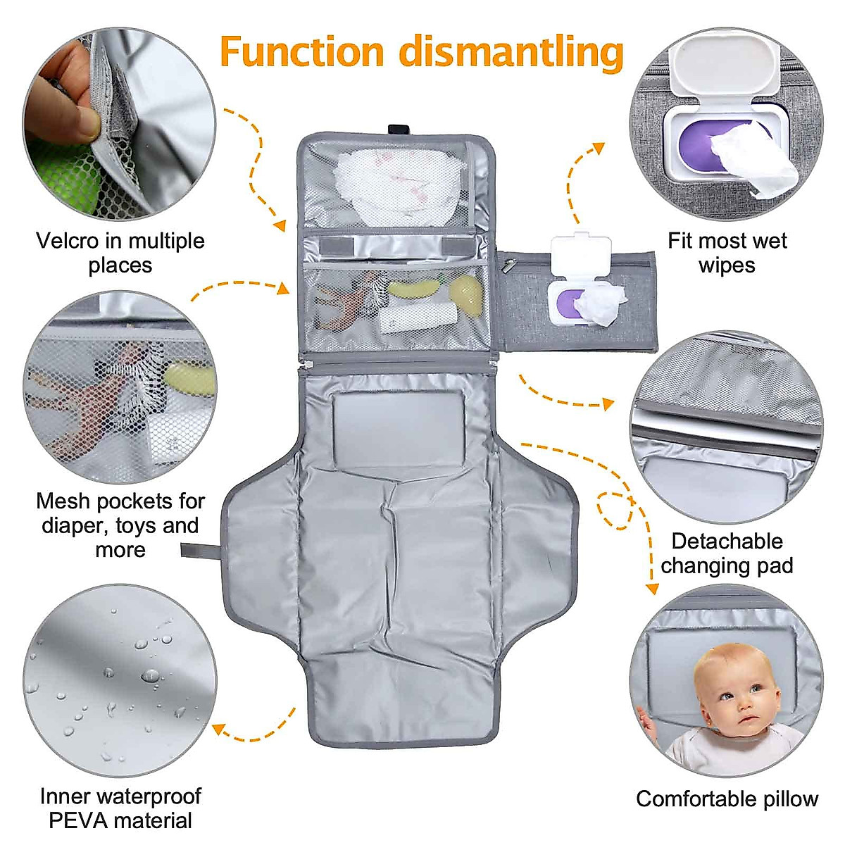 Portable Changing Pad - Detachable Travel Changing Pad with Head Pillow and Baby Wipes Pocket - Fully Padded, Extended Cushioned Portable Diaper Changing Pad, Lightweight & Waterproof Grey