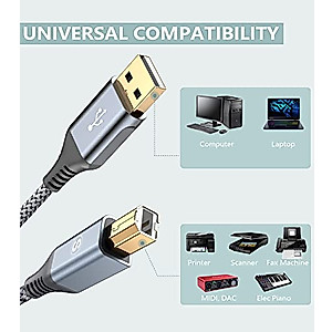 MAXGROUP Printer Cable 6ft, USB 2.0 Printer Cable USB-A to USB-B Cable, High Speed Nylon Braided USB Midi Cable Scanner Printer Cord for HP Canon Dell Epson Brother Lexmark Xerox Samsung Piano DAC