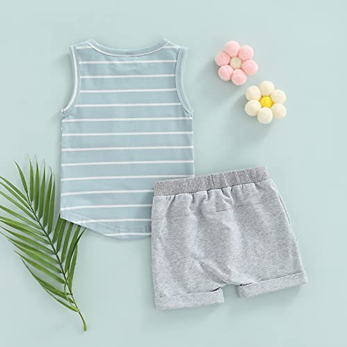 Baby Boy Summer Clothes Striped Tank Tops Sleeveless T-Shirt and Solid Shorts Outfit Cute Infant Clothing (Blue , 12-18 Months )