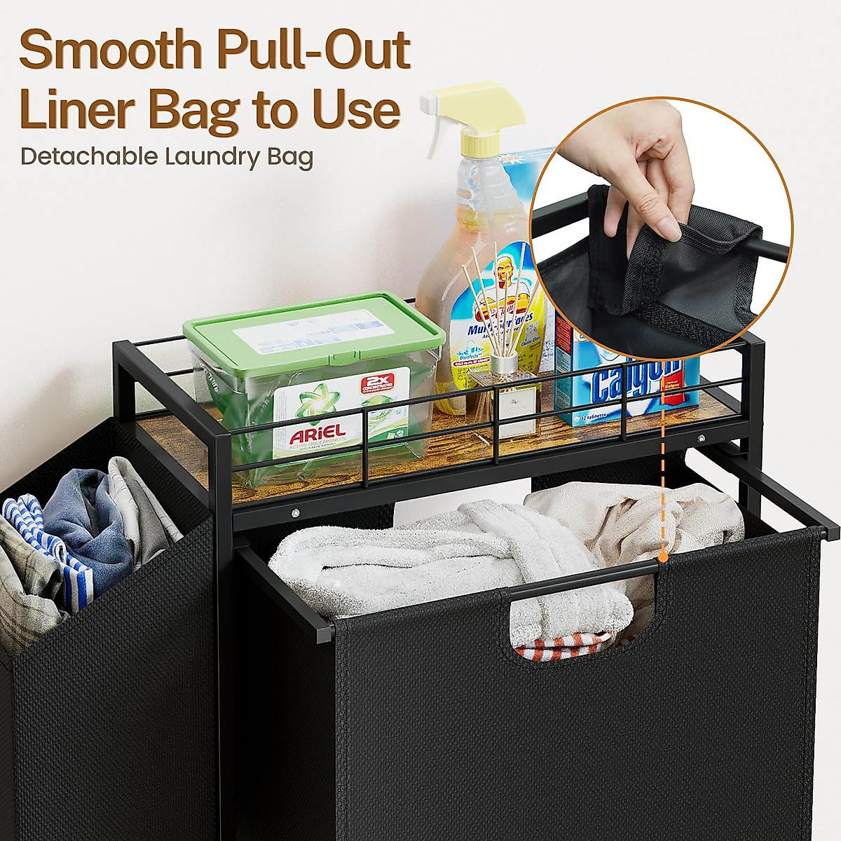 LASZOLA Slim Laundry Hamper with Wheels & Lid, 52L Thin Narrow Laundry Basket with Handle for Small Spaces, Tall Rolling Skinny Clothes Hamper with Removable Liner Bag, Side Pockets and Net Bag, Black