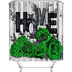 4Pcs Green Home Rose Shower Curtain Sets Bathroom Set Decor with Non-Slip Rugs Bath U-Shaped Mat Toilet Lid Cover Modern Waterproof Bathroom Shower Curtain Sets with 12 Hooks, 70.8×70.8