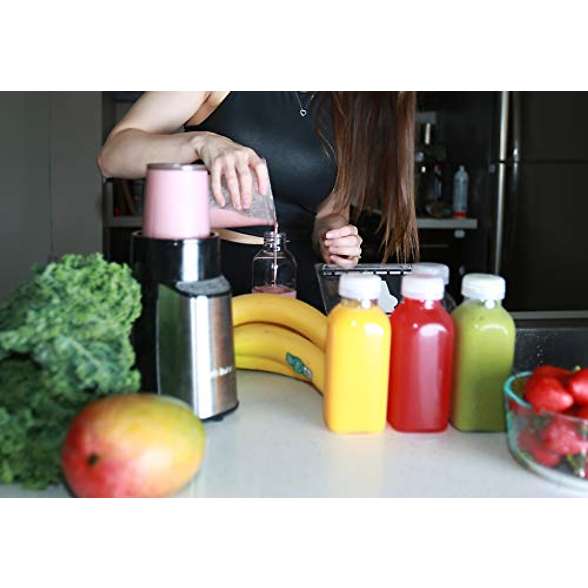Dishwasher Safe Plastic Juice Bottles with Lids, Free Insulated Bottle Holder, Hot or Cold Drinks, 12pcs 16oz Empty Clear BPA Free Reusable Containers with Caps for Smoothies, Milk and Other Beverages