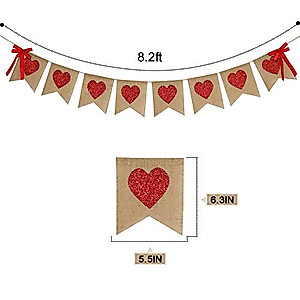 Burlap Heart Banner Garland | Red Glitter Heart | Valentine's Day Decorations| Rustic Valentines Decor | Valentines Burlap Banner | Wedding Anniversary Birthday Party Decorations Supplies