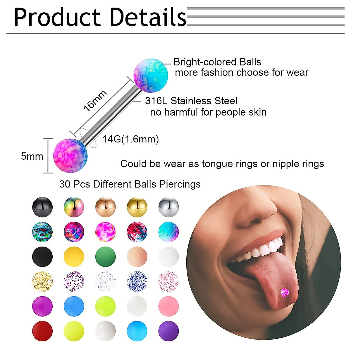 VANGOT 30Pcs 14G Surgical Steel Tongue Rings for Women Stainless Steel Nipple Rings Barbell Body Piercing