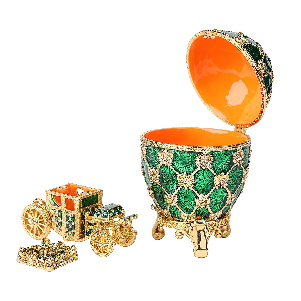 QIFU Vintage Green Faberge Egg Style Jewelry Trinket Box with Mini Royal Carriage, Unique Gift for Easter Collection