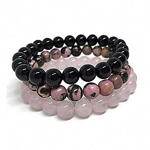 Womens 8mm Black Onyx Rhodonite Rose Quartzs Beaded Wrist Men Women Natural Stone Bracelet Sets Stackable Mala Bracelets, One Size, Zinc