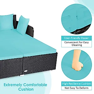 Tangkula Outdoor Rattan Daybed, Sunbed Wicker Furniture w/Spacious Seat, Upholstered Cushion & High-Resilience Sponge, Wicker Patio Sofa Set w/Extra Pillows for Courtyard Poolside(Turquoise)