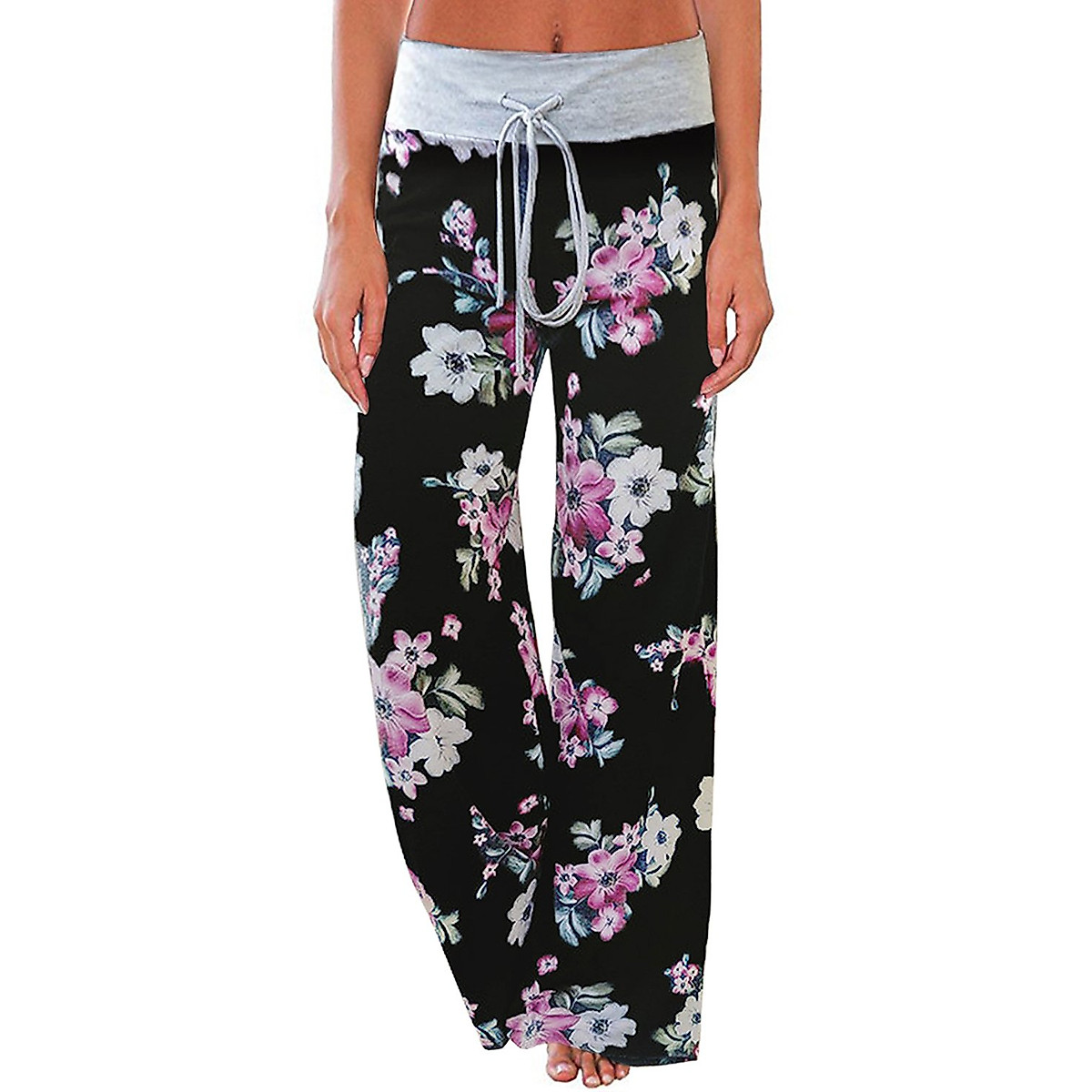 AMiERY Women's Casual Pajama Pants Lounge High Waisted Wide Leg Comfy Drawstring Floral Print Palazzo Pj Bottoms Pants Black XL