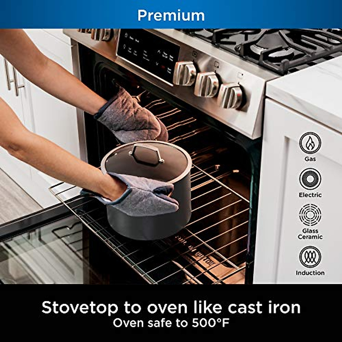 Ninja C30465 Foodi NeverStick Premium 6.5-Quart Stock Pot with Glass Lid, Hard-Anodized, Nonstick, Durable & Oven Safe to 500°F, Slate Grey