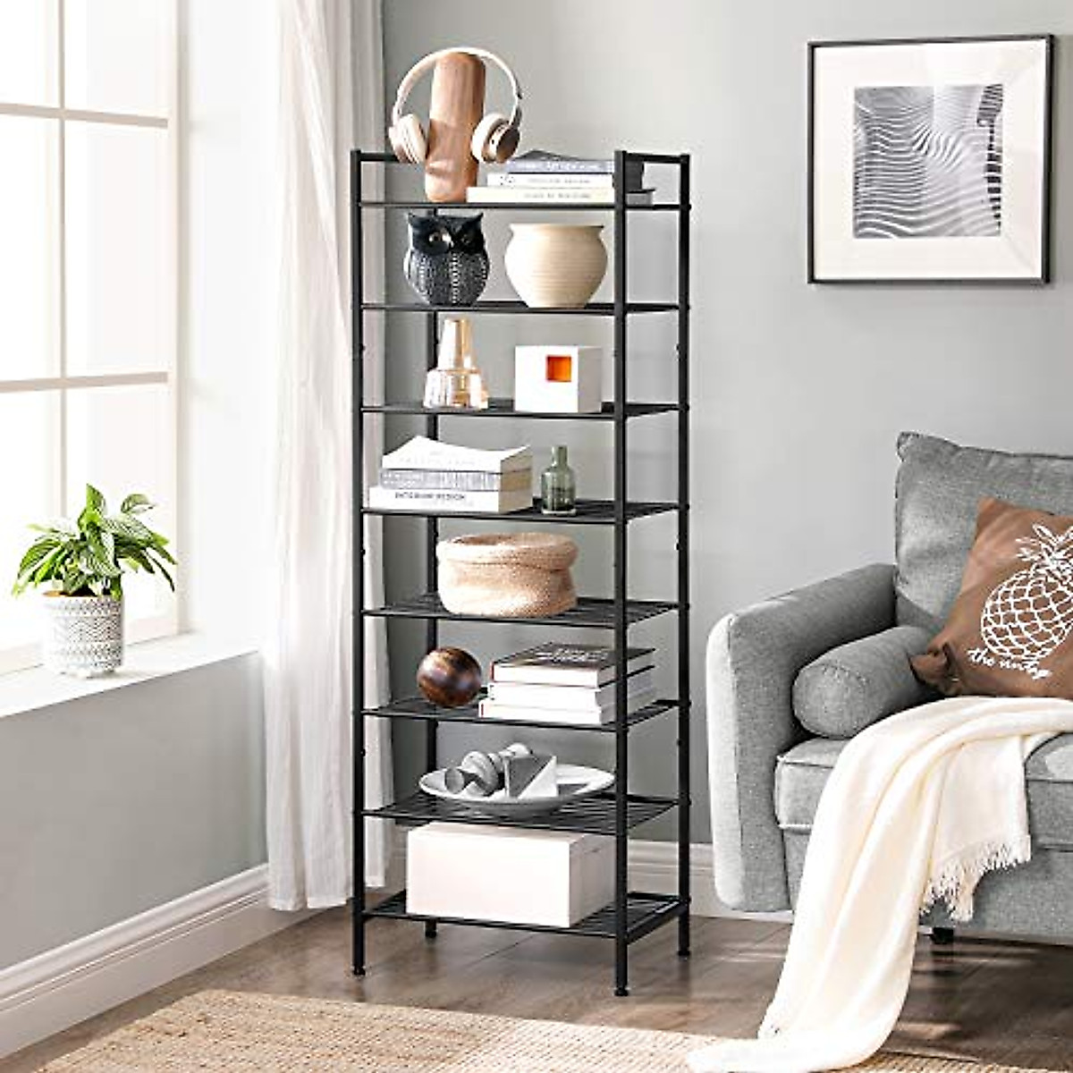 SONGMICS Shoe Rack 8 Tier Tall Shoe Storage Organizer, Sturdy Metal Narrow Shoe Rack Shelf for Closet Entry Small Space, Slim Shoe Stand Holder for 16-24 Pairs, Stackable Vertical Shoe Tower, Black