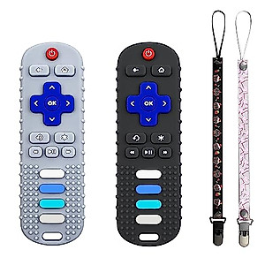 2-Pack Baby Remote Control Teether Toy for Babies 6-36 Months, Silicone Baby Teething Toys, Boys Girls Baby Teething Toys (Black + Gray)