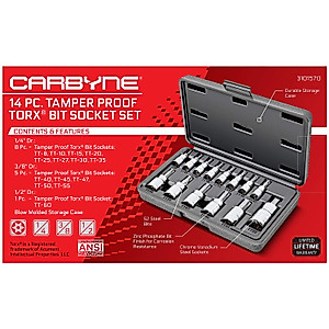CARBYNE Tamper Proof Torx (aka Tamper Torx or Security Torx) Bit Socket Set - 14 Piece, T-8 to T-60 Sizes, S2 Steel Bits, CRV Sockets | 1/4-inch, 3/8-inch & 1/2-inch Drive