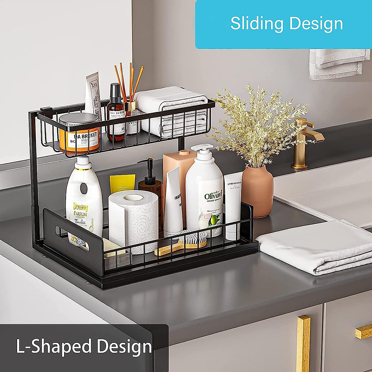 Fodayuse L-Shaped Under Sink Organizer with Sliding Design, Pull Out Cabinet Storage 2-Tier Shelf Under Cabinet Organizer Multi-Use for Kitchen Bathroom Sink Organizers and Storage cabinet, Metal