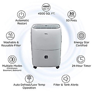 TCL Home Smart 50 Pint Dehumidifier, 4,500 Sq. Ft, App & Voice Control, Set Up in Minutes, Easy Maintenance, Basements, Bedrooms (50D91), White