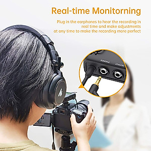 MAONO Wireless Lavalier Microphone System, Lapel Mic with -10dB Attenuation and Low Cut, Real-time Audio Monitoring, 48-Channel and Mute Compatible with Canon Nikon Sony DSLR, Camcorders(AU-WM730)