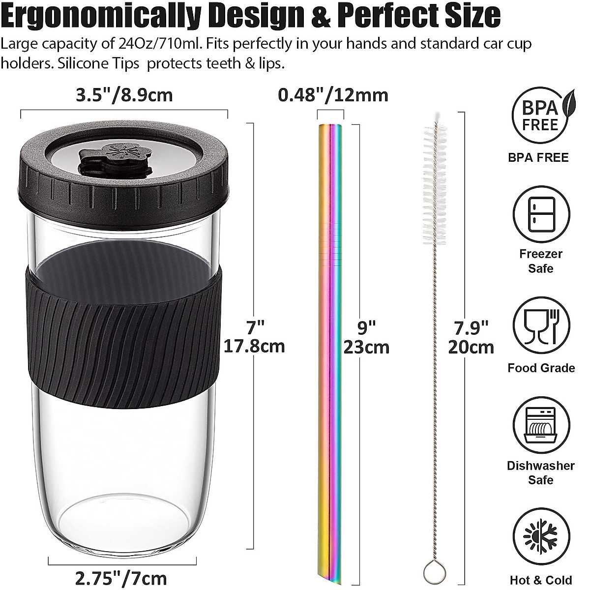 Reusable Glass Mason Jars Cups with Lids and Straws Silicone Sleeves, 2 Pack 24Oz Wide Mouth Smoothie Cups Glass Bubble Tea Cup Leakproof drinking glasses Travel Tumbler for Large Pearl Birthday Gifts