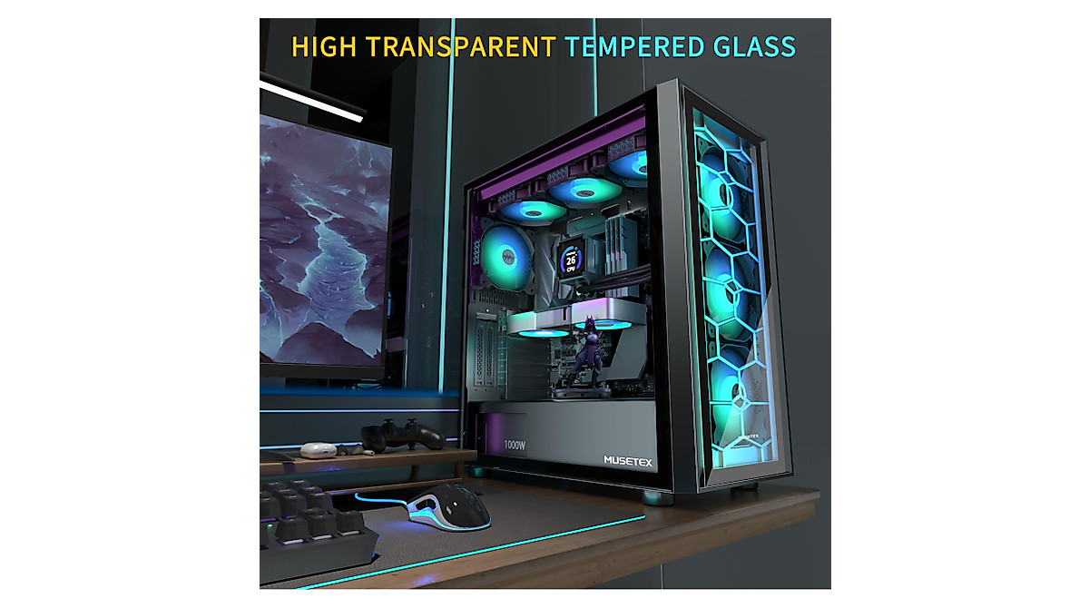 MUSETEX ATX PC Case 4 PWM ARGB Fans Pre-Installed, Mid Tower Gaming PC ...