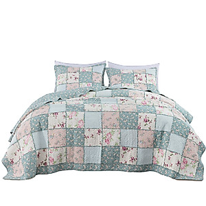 Chezmoi Collection Abbi 3-Piece Shabby Chic Bedding Queen Quilt Set Pre-Washed Cotton Floral Coverlet Bedspread Ruffled Patchwork Quilt Queen Size