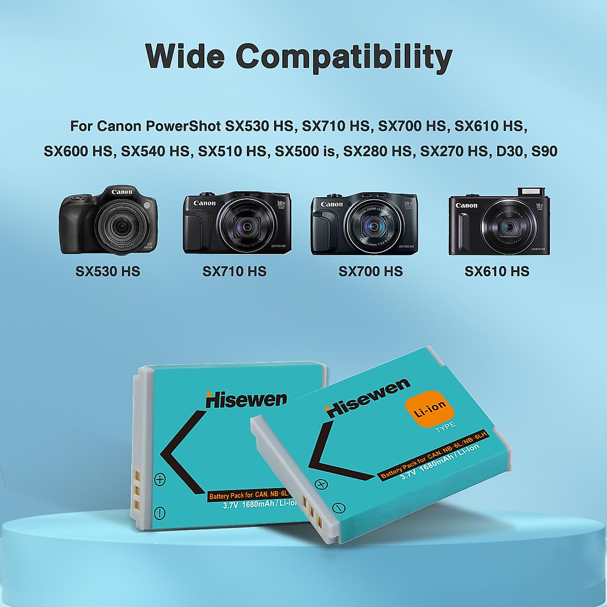 Hisewen NB-6L NB-6LH Batteries 2 Pack and Dual LED Battery Charger for Canon PowerShot SX530 HS,SX710 HS,SX700 HS, SX610 HS,SX600 HS,SX540 HS,SX510 HS, SX500 is,SX280 HS,D30,S90