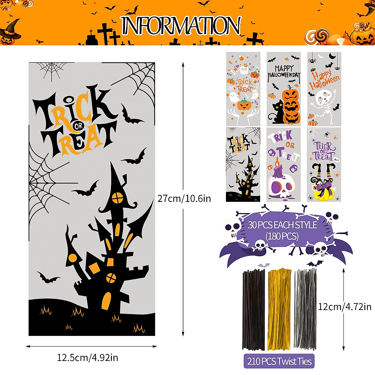 DIYASY 180 Pack Halloween Cellophane Treat Bags, Plastic Goodie Candy Bag for Kids Clear Goody Snack Bags Bulk Party Favors with 210 Twist Ties