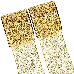 2 Rolls 20 Yards Metallic Wired Ribbons Glitter Ribbon Rose Gold Ribbon for Crafts Valentine Floral Bow Making DIY Gift Wrapping Wedding Party Home Decor (Gold, 2.5 Inch)