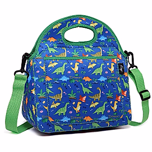 Kasqo Lunch Bag for Kids, Neoprene Insulated Boys Lunch Boxes Children’s Lunch Tote with Front Pocket and Detachable Adjustable Shoulder Strap in Cute Dinosaur
