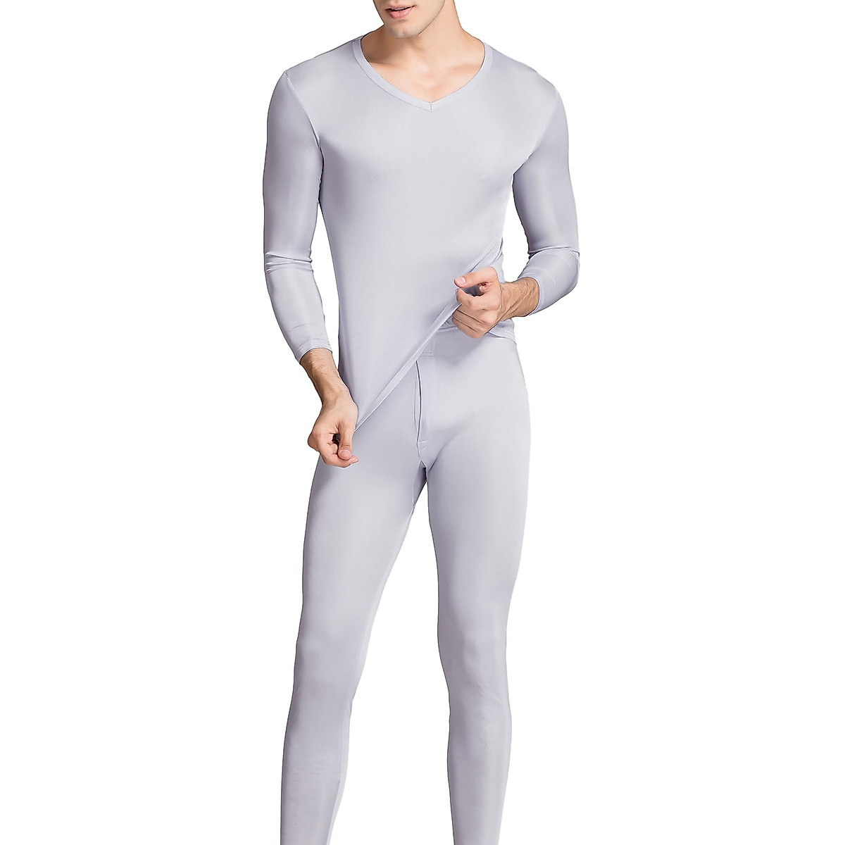 Grenasasilk Men's Silk Long Johns Mulberry Silk Long Underwear V-Neck Breathable Thermal Underwear Sets & Undergarments (L, Silver Grey)