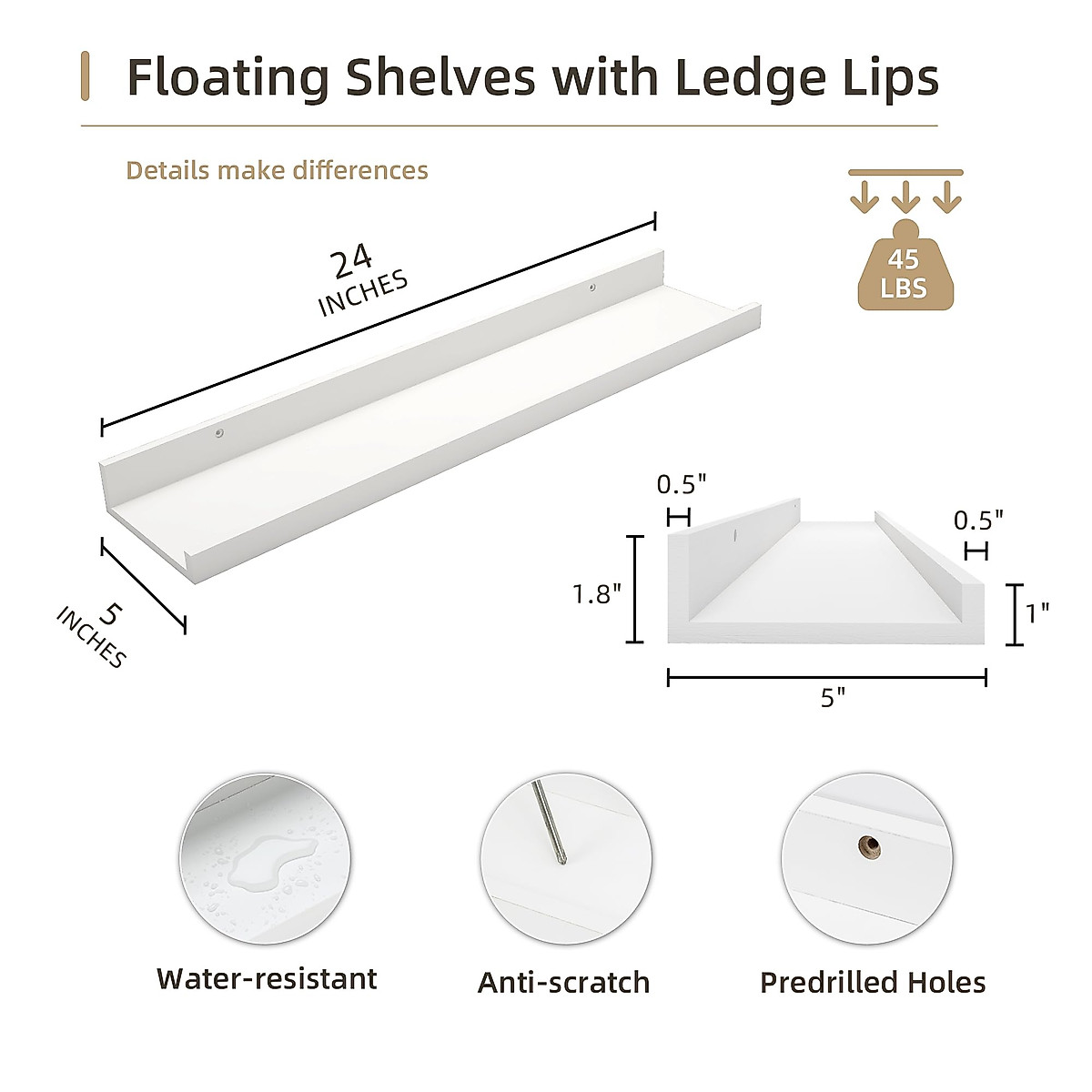 Acovy Picture Ledge Shelf, Wood Floating Shelves Set of 4, 24 inch Picture Ledge Shelves, Photo Ledge Nursery Book Shelves Wall Mounted for Living Room Kids' Room Bedroom, Color White