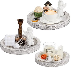 3 Pcs Rustic Wooden Serving Tray Candle Holder Round Wood Butler Decorative Tray Vintage Centerpiece Farmhouse Ottoman Tray for Kitchen Countertop Home Decor Coffee Table Wedding, 3 Sizes (White)