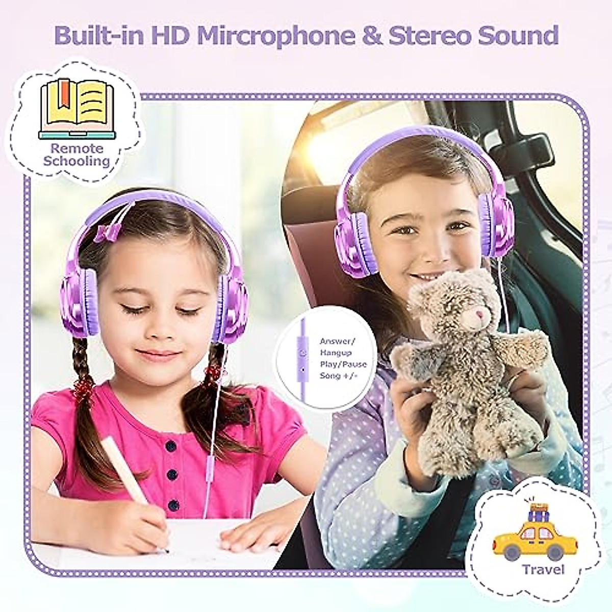 QearFun Headphones for Girls Kids for School, Kids Wired Headphones with Microphone & 3.5mm Jack, Teens Noise Cancelling Headphone with Adjustable Headband for Tablet/Smartphones-Gradient Light purple