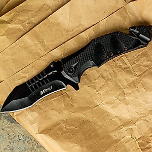 MTech USA – Spring Assisted Folding Knife – Black Stainless Steel Blade and Black Aluminum Handle with Rope Cutter, Glass Punch and Pocket Clip - Hunting, Camping, Survival, Tactical, EDC – MT-A845BK