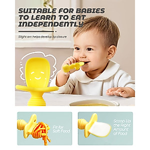 4 Pcs Baby Spoons Self Feeding 6 Months, Silicone Baby Spoons First Stage, Toddler Utensils for Baby Led Weaning with 2 Cases (Yellow, Green)