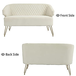 Homtique Velvet Loveseat Modern Tufted Accent Sofa Chair with Metal Golden Legs Upholstered 2 Seaters Couch for Small Spaces Elegant Settee Bench for Living Room, Bedroom, Apartment (White)