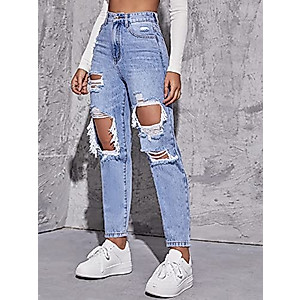 MakeMeChic Women's High Waist Straight Leg Ripped Jeans Distressed Denim Pants Light Wash M