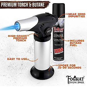 The Foghat Cocktail Smoker and Old Fashioned Smoked Cocktail Kit with Torch and Butane Refill - Bourbon Barrel Oak Wood Chips and 5 Singlez Bar Old Fasioned Mix Packets - Whiskey Smoker Kit For Drinks