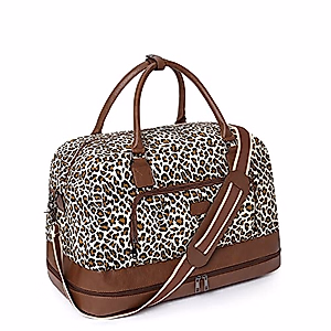 CLUCI Weekender Bags for Women Canvas Duffle Bag Travel Overnight Bags Carry On Tote with Shoe Compartment Leopard Pattern with Brown