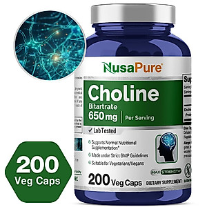 NusaPure Choline Bitartrate 650 mg 200 Veggie Capsules (Vegetarian, Non-GMO, Vegan)