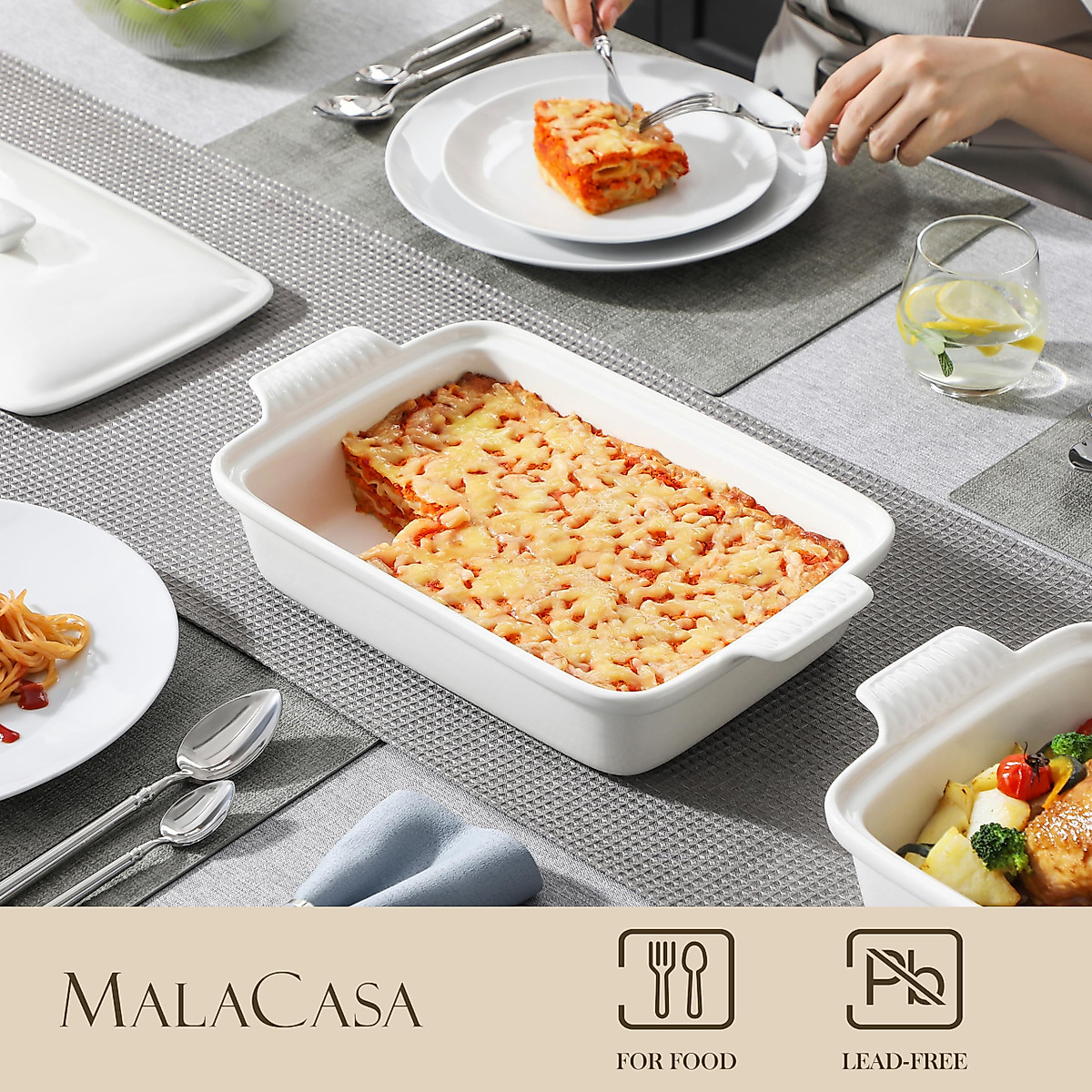 MALACASA 3.4 Quart Baking Dish With Lid, Porcelain Casserole dish with Lid, 13 x 9 Lasagna Pan Deep with Lid, Rectangular Bakeware With Handle, Microwave, Oven Safe, White, Series BAKE