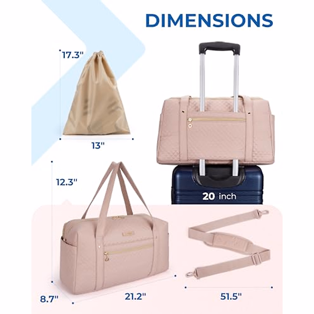 BAGSMART Travel Duffle Bag 31L Quilted Weekender Overnight Bag for Women with Laptop Compartment, Large Carry On Airport Bag with Wet Pocket & Shoe Bag for Business Trips, Sports (Pink)