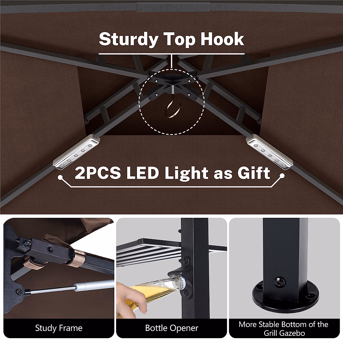 MASTERCANOPY 11 x 5 Grill Gazebo with Extra Side Awning Outdoor BBQ Gazebo with 2 LED Lights for Patio Party Backyard Picnic(Brown)