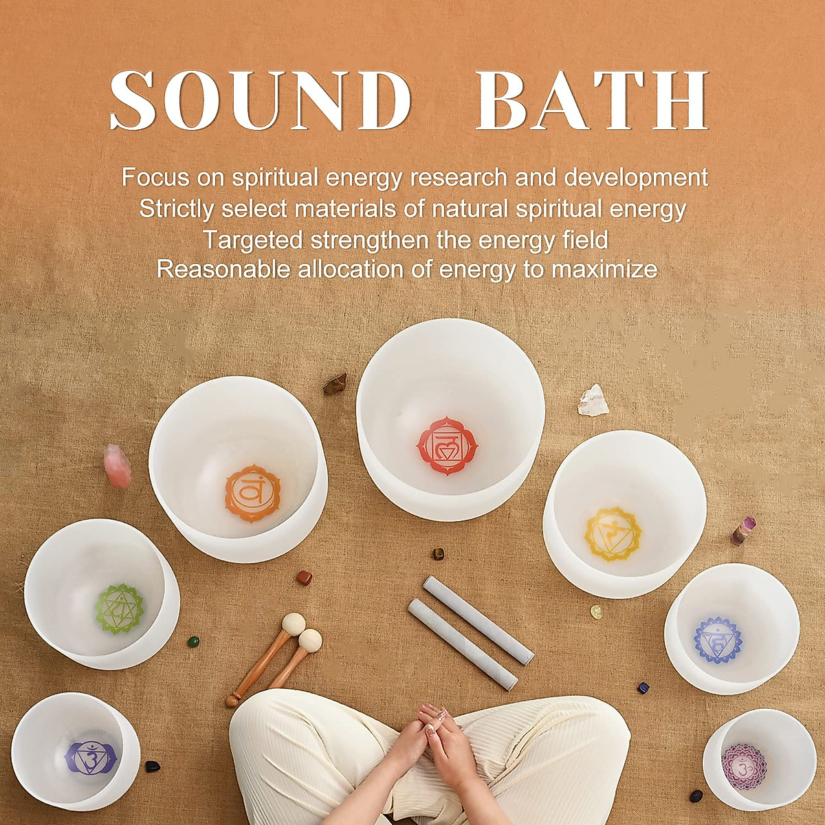 CVNC 432HZ 7-12 Inch Chakra Symbol Design Frosted Quartz Crystal Singing Bowl with 2 PCS Travel Carry Case Bag for Sound Healing