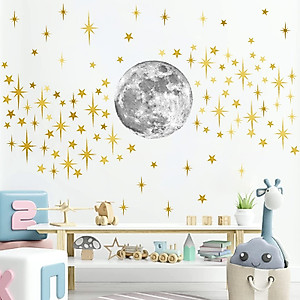 Moon and Stars Wall Decal Moon Wall Sticker Gold Star Decals Peel and Stick Wall Stickers Mural for Kids Baby Room Nursery Wall Decor Vinyl Star for Ceiling Wall Decals for Bedroom Playroom Decoration
