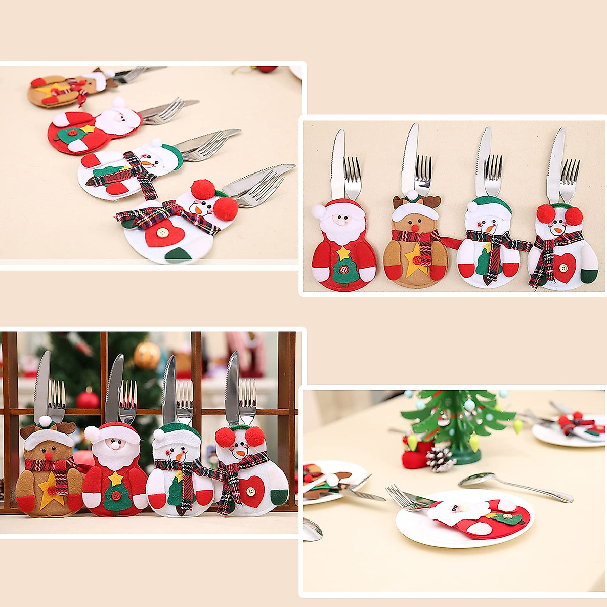 Andiker 8 Pcs Christmas Silverware Holder, Snowman and Elk Tableware Holder Cutlery Bag Pouch, Cute Fork Knife Spoon Covers for Holiday Party Table Decorations