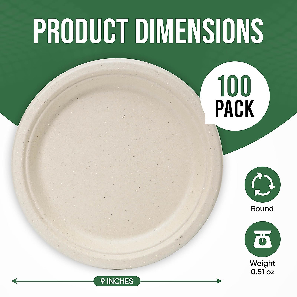 9 Inch Compostable Paper Plates (100 Pack) - Eco-Friendly Disposable Dinnerware for Parties, Microwavable & Water/Oil Resistant - 100% Biodegradable Heavy Duty Brown Plates for Events, Picnics