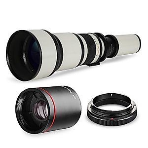 High-Power 650-2600mm f/8 Manual Telephoto Lens for Canon EOS 80D, 90D, Rebel T3i, T5, T6i, T7, T8i, SL3, 60D, 70D, 5D, 6D II, 7D II SLR Cameras - White