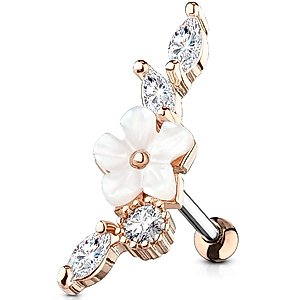 Forbidden Body Jewelry 16g Surgical Steel Cartilage Stud Earring Faux Pearl Flower (Rose Gold Tone)