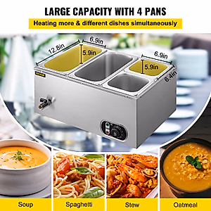VEVOR 110V Commercial Food Warmer, 4-Pan Stainless Steel Bain Marie 14.8 Qt Capacity,1500W Steam Table 15cm/6inch Deep, Electric Soup Warmer